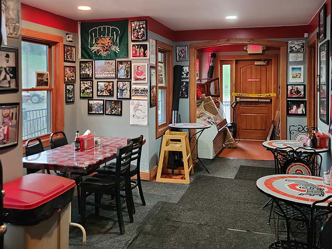 Inside, Ohio State memorabilia covers the walls, creating a shrine to Buckeye pride that feels like a cozy sports den.
