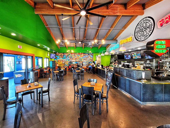 Vibrant green walls and wooden ceiling beams create a fiesta for the eyes before the food even arrives &ndash; Mexican dining with zero restraint on color.