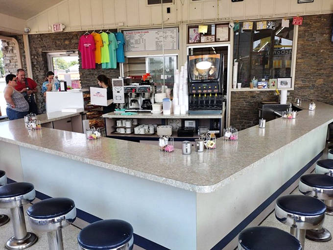 Classic counter seating invites you to linger over coffee and donuts, where conversations flow as freely as the refills.