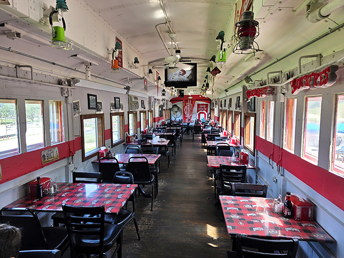 Step inside the converted train car and you're transported to diner heaven &ndash; red checkered tablecloths and all.