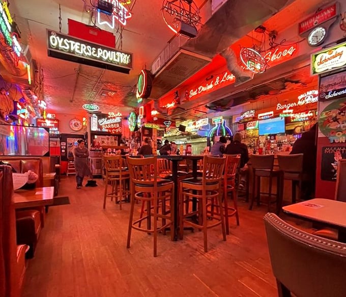 Step inside and the neon wonderland continues &ndash; a kaleidoscope of light illuminating decades of collected Americana and hungry patrons.