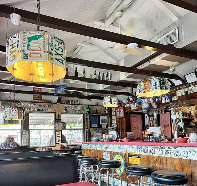 License plates from across America transform the ceiling into a road-trip museum, while bar stools invite patrons to settle in for stories and sustenance.