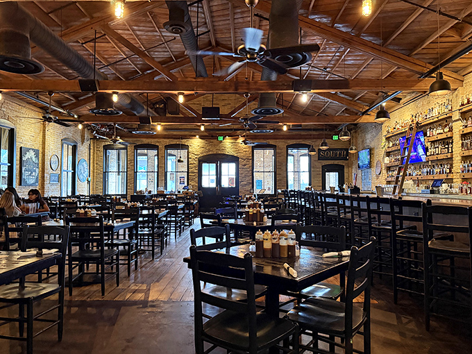 Exposed wooden beams and warm brick walls create the perfect backdrop for the flavor symphony that's about to unfold on your plate.