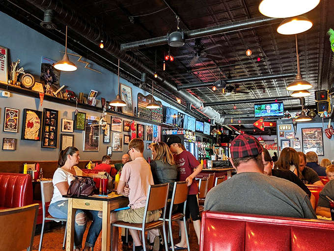 Inside, the bustling dining room hums with conversation and clinking plates as diners dive into morning feasts.
