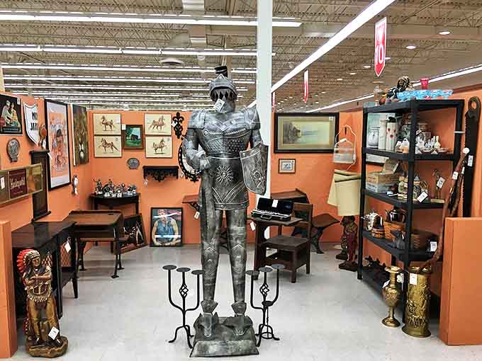Knights in shining armor stand guard over treasures from bygone eras. This medieval sentinel probably never imagined his retirement gig would be in Ohio.