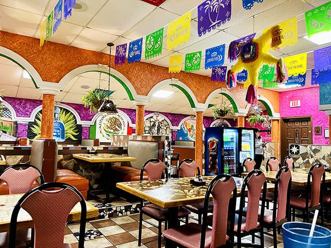 Step inside and the fiesta continues with colorful papel picado banners, arched doorways, and an atmosphere that transports you south of the border.