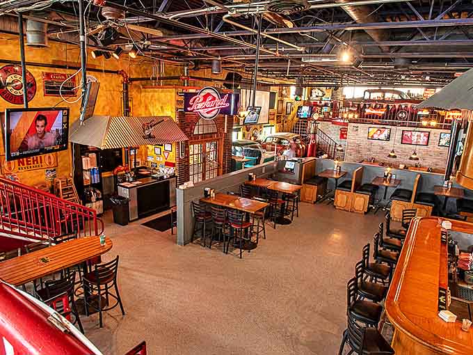 Step inside and you're transported to automotive heaven, where exposed brick, vintage memorabilia, and the promise of great food create an irresistible trifecta.