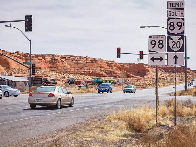 Road signs mark the intersection of modern convenience and timeless wilderness, a juxtaposition that defines the American Southwest experience.