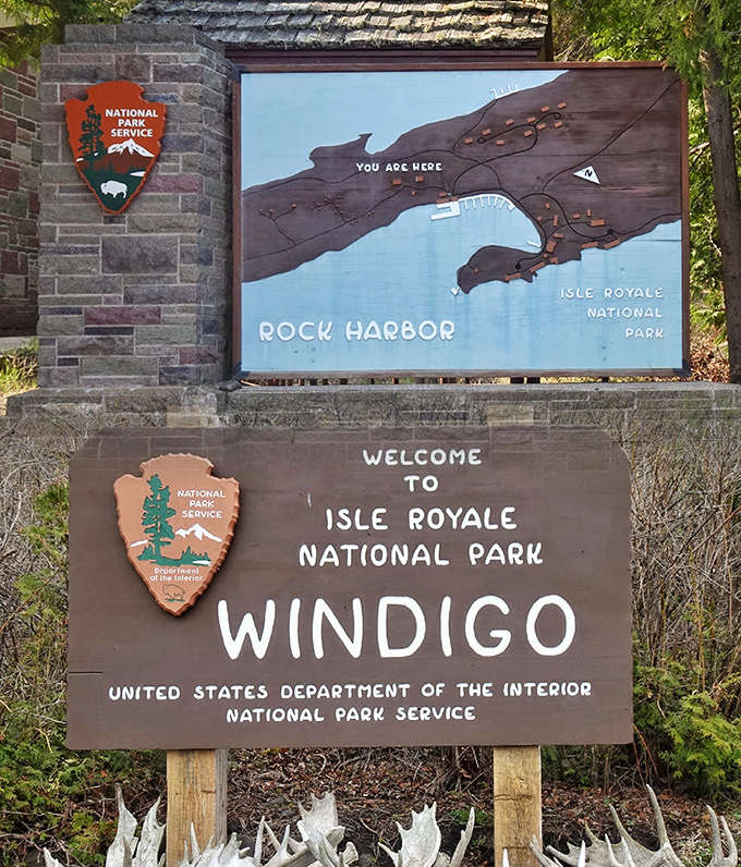 The Rock Harbor map welcomes adventurers to Isle Royale's wilderness, where exploration begins and civilization fades into the background.