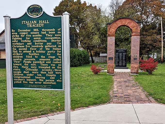 This poignant memorial marks the site of the 1913 tragedy where 73 people, mostly children, lost their lives during a Christmas celebration.