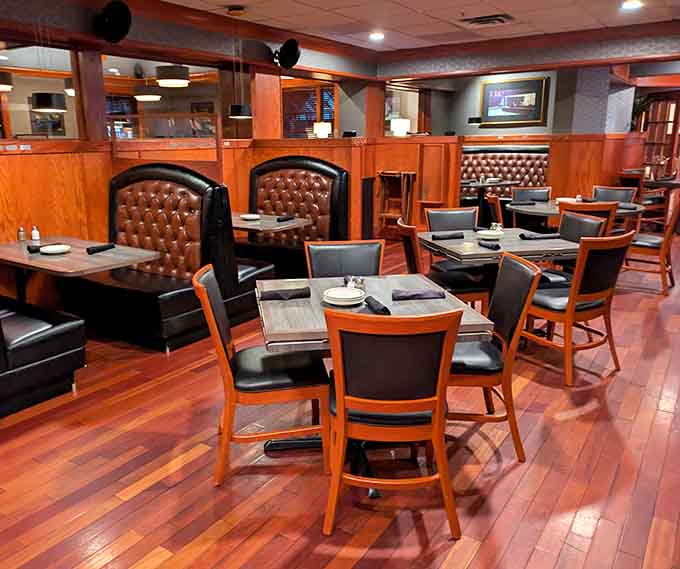 Step inside to warm wood tones and leather booths that make you want to settle in for the evening.