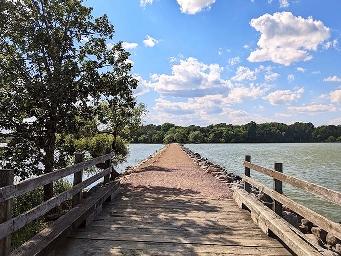 The causeway stretches across the water like a bridge to tranquility, offering views that change with every step you take.