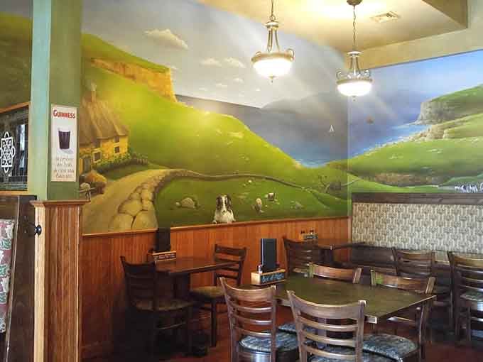 Those rolling green hills painted on the walls transport you straight to the Irish countryside, no passport required for this delicious journey.