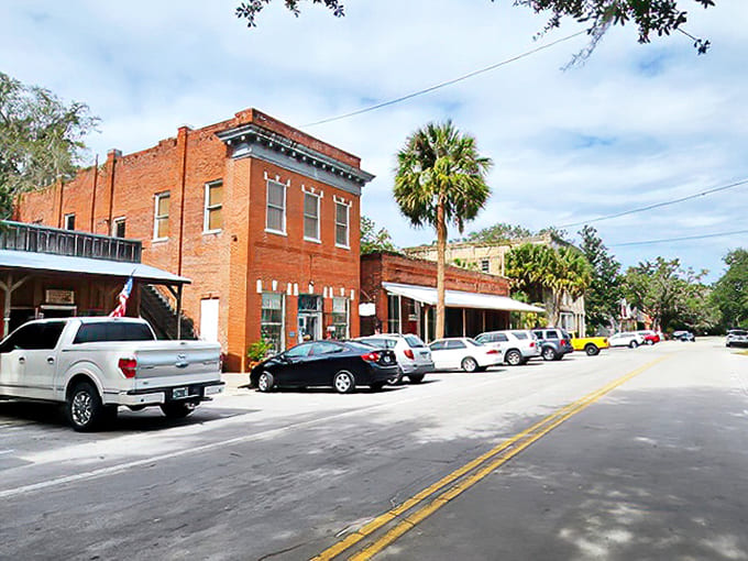 Downtown Micanopy offers a rare glimpse of Old Florida, where brick streets and historic storefronts create a timeless tableau under generous shade trees.