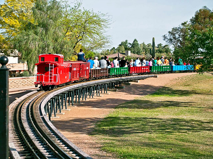 All aboard the joy express! Colorful passenger cars wind through the park's landscape, carrying smiling passengers on a journey back to childhood.