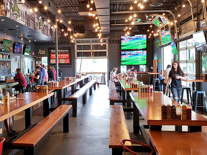 Long communal tables and string lights create the perfect atmosphere for sharing stories and massive pretzels with friends and strangers alike.