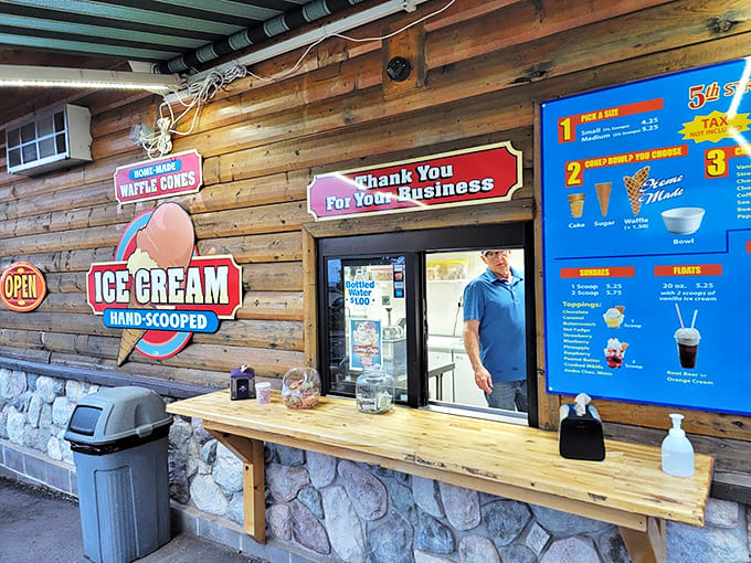 Order Window: The moment of truth arrives at this humble wooden counter, where ice cream dreams are fulfilled with a smile and a scoop.