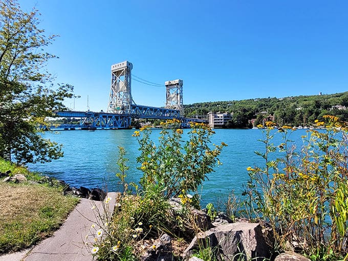 The iconic Portage Lake Lift Bridge connects Houghton and Hancock, standing as both engineering marvel and the Keweenaw's unofficial gateway.