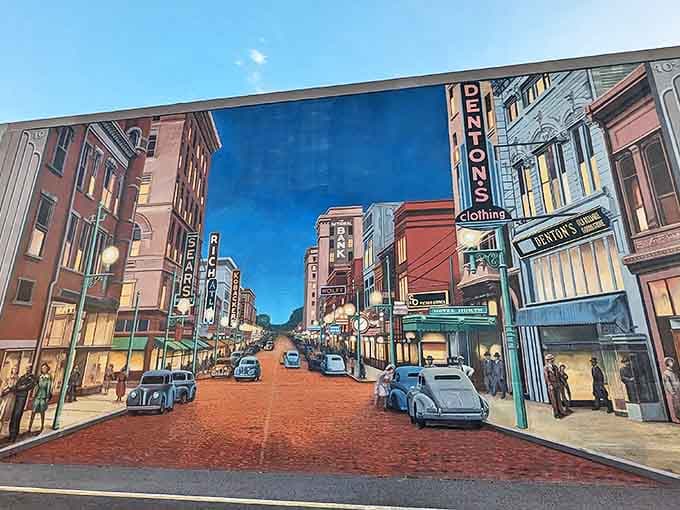 The Portsmouth Floodwall Mural transforms concrete into canvas, telling stories of river life and local history with vibrant colors that pop against the Ohio sky.