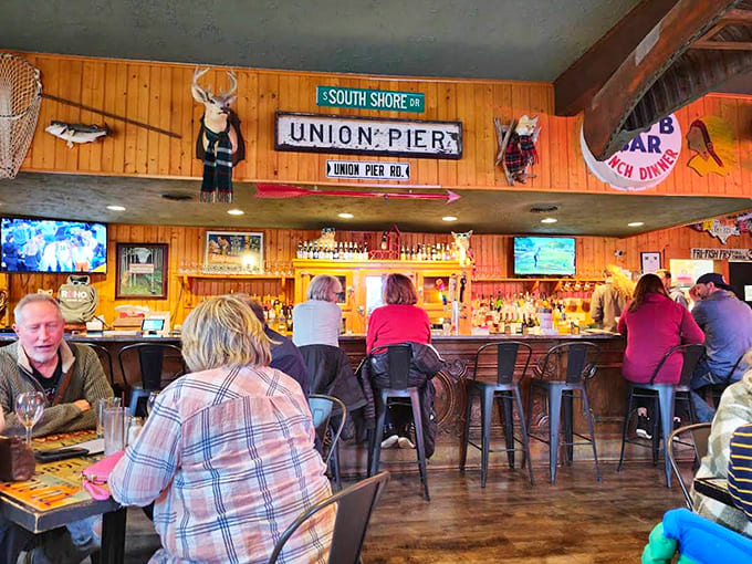 Wood paneling, vintage signs, and a Union Pier marker create the perfect backdrop for serious eating and easy conversation.