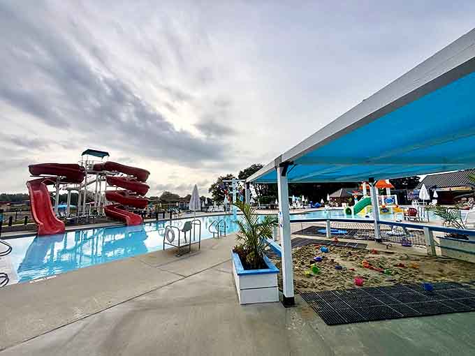 These twisting red water slides promise thrills that'll have you channeling your inner eight-year-old, complete with involuntary whooping and questionable exit splashes.