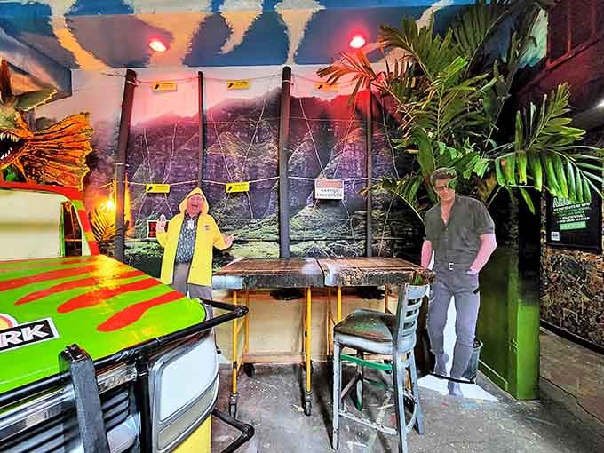 Life-sized cardboard cutouts stand guard near the Jurassic Park-themed area, where patrons can sip cocktails while avoiding virtual velociraptors &ndash; multitasking at its finest.