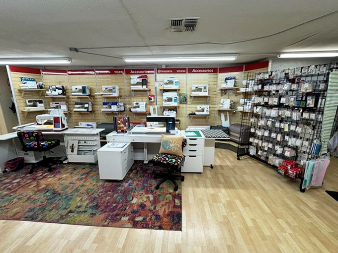 A sewing machine showroom that would make your grandmother swoon and your credit card tremble with excitement.