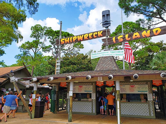 "Abandon all dryness, ye who enter here!" The weathered entrance to Shipwreck Island welcomes visitors to a world of watery wonders.