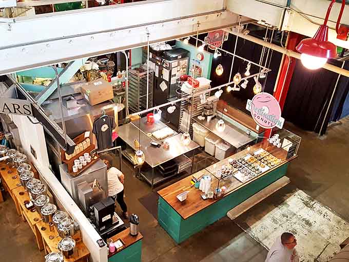 From this bird's-eye view, watch artisans orchestrate the donut ballet &ndash; mixing, frying, and glazing with the precision of culinary choreographers.