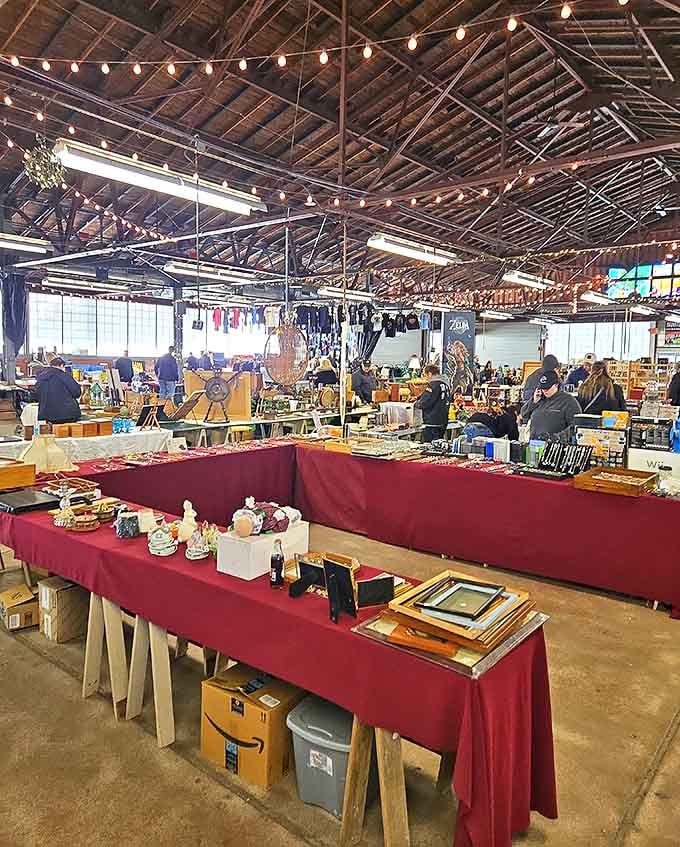 Sunday mornings bring treasure hunters of all stripes, navigating the maze of history under twinkling string lights and exposed beams.