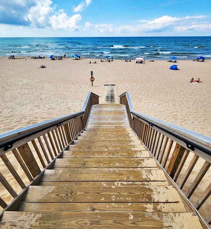 The wooden stairway beckons visitors down to paradise &ndash; each step bringing you closer to that "ahhhh" moment of beach bliss.
