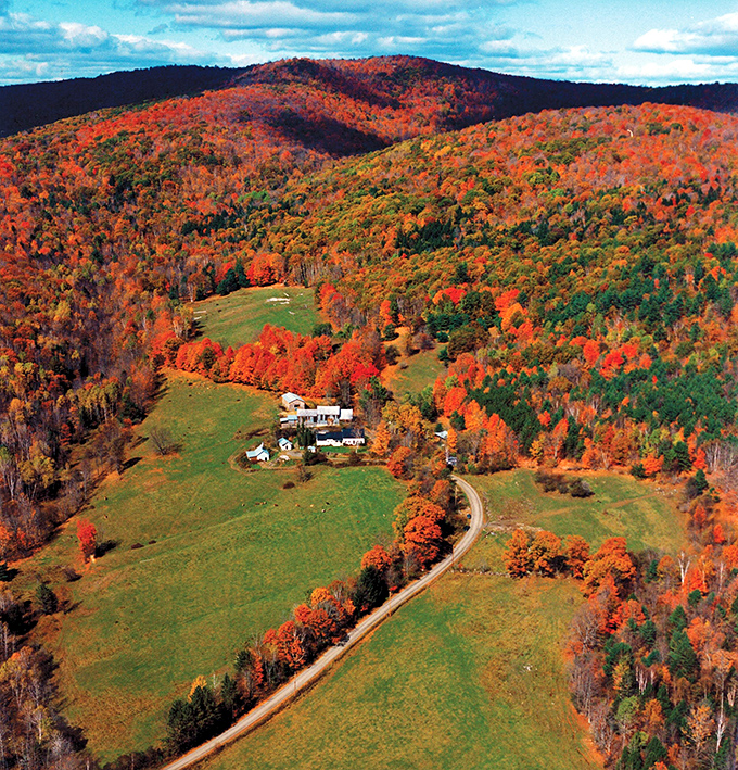 Sugar Bush Farm: Where maple dreams are born! This aerial view captures Vermont's agricultural heritage nestled among hills ablaze with autumn's finest fashion statement.