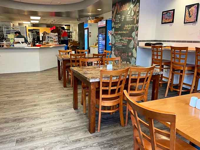 Inside Sweet Mary's, wooden tables and a welcoming counter create the perfect stage for your upcoming sugar-fueled happiness.