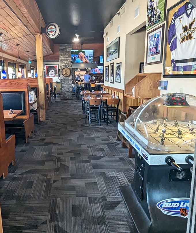 Wood tones and comfortable seating create the perfect backdrop for serious burger consumption and casual conversation.