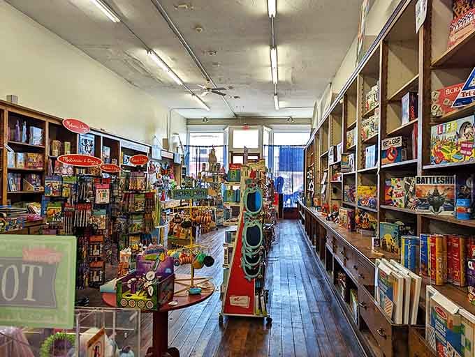 Childhood memories line these wooden shelves, where vintage toys and games wait patiently to spark joy in collectors young and old.