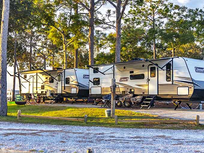 Coleman campers nestled among towering pines, where modern comfort meets woodland serenity in perfect harmony.
