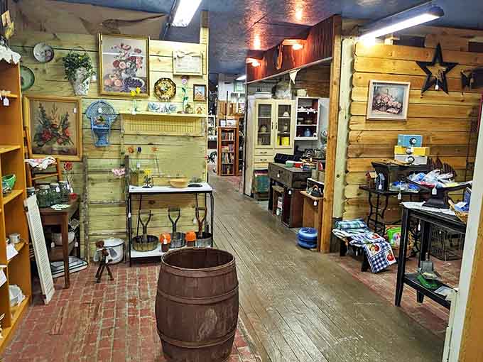 Wooden floors and log cabin walls create a rustic time capsule where every aisle invites exploration and discovery.