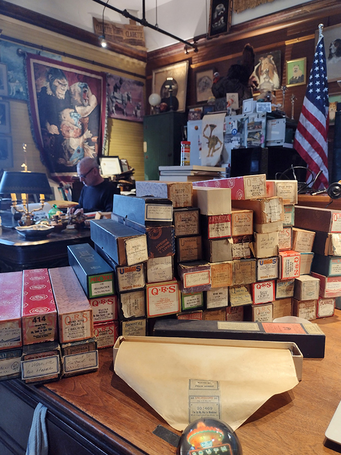 Vintage player piano rolls stacked like historical dominoes – just one corner of the museum's massive music archive that would make any collector swoon.