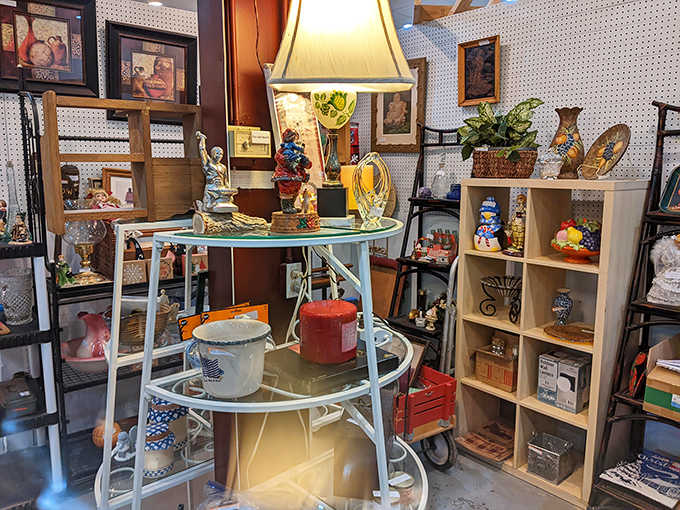 Vintage collectibles create a cozy time capsule display, where grandmother's cherished knick-knacks meet artful arrangement, inviting visitors to explore stories from decades past.