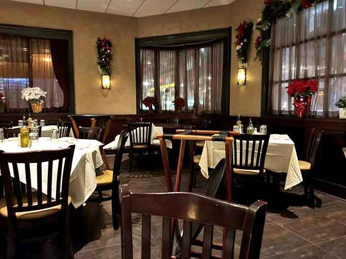 White tablecloths and warm lighting create the perfect setting for romance, celebration, or just really excellent carbs.