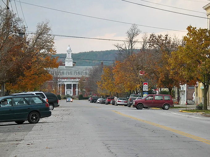 Autumn transforms Poultney's wide streets into corridors of gold and amber, where historic buildings stand sentinel as they have for centuries.