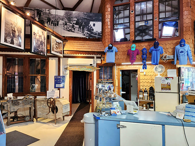 Inside the dome, wooden beams and blueberry treasures create a cozy wonderland that feels like stepping into Maine's sweetest dream.