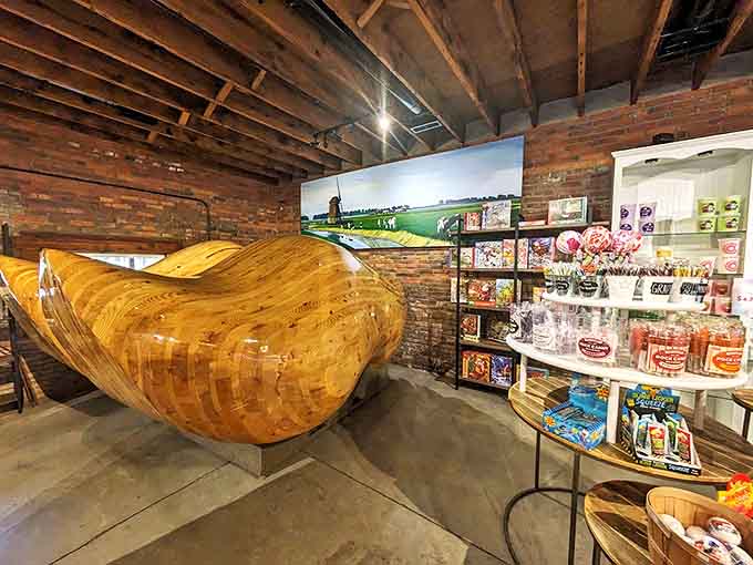 A magnificent wooden boat-shaped sculpture anchors the interior, proving this isn't your average candy store before you've even reached for a treat.