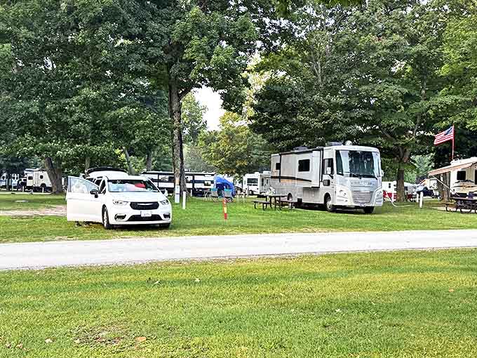 Home sweet temporary home: RVs nestled among towering trees create the perfect balance of comfort and wilderness at this lakeside retreat.