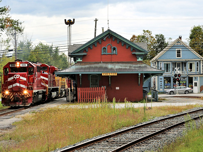 The historic Chester Depot stands as a crimson sentinel, welcoming train enthusiasts and history buffs alike to this Vermont treasure.