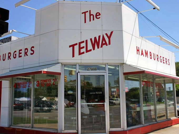 The corner entrance of The Telway stands proud with its vintage lettering, a portal to a time when diners ruled American roadways.