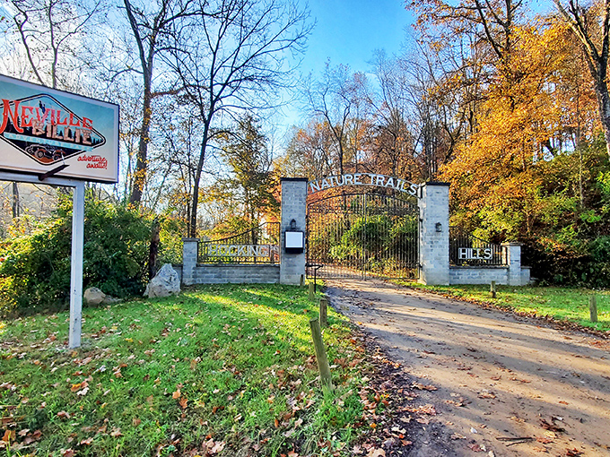 The gateway to adventure: Nature Trails at NevilleBillie's entrance promises wilderness thrills beyond its rustic stone pillars and autumn-kissed trees.