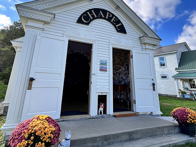 Wide open chapel doors invite four-legged friends and their humans to enter this sacred space of remembrance.
