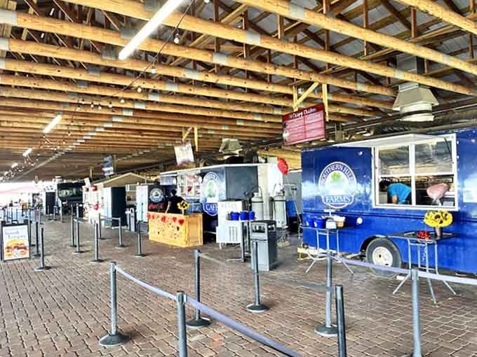 Food truck heaven under wooden beams &ndash; this covered marketplace offers everything from gourmet grilled cheese to wood-fired pizzas between berry-picking sessions.