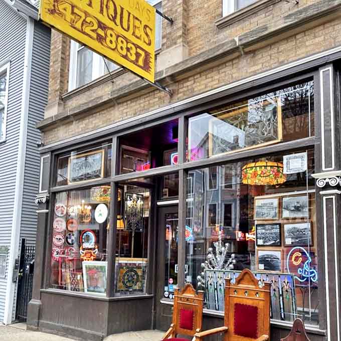 The storefront practically bursts with vintage goodness, giving you a preview of the organized chaos waiting inside.